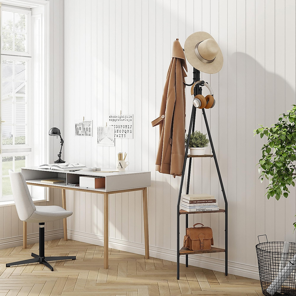 Hoctieon 3-Tier Coat Rack Freestanding with Hooks, Industrial Coat Tree Freestanding, Mordern Coat Racks Free Standing with Shelf, Coat Rack with Storage for Clothes, Hats, Bags