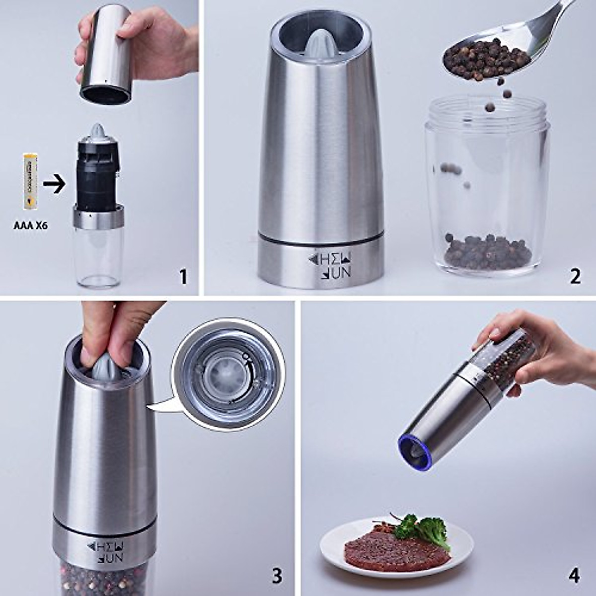 Gravity Salt and Pepper Mill with Adjustable Coarseness Automatic Pepper and Salt Grinder Battery Powered with Blue LED Light,One Hand Operated,Brushed Stainless Steel by CHEW FUN