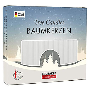 BRUBAKER Tree Candles - Pack of 20 - White - 3¾ x ½ Inches (9.5 x 1.27cm) - Made in Europe - Pyramids, Carousels & Chimes