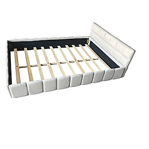 DNYN Full Size Upholstered Platform Bed with Thick Fabric for Kids/Adults,Solid Wood Bedframe w/Wood Slat Support for Small Space,Bedroom,Apartment,Easy Assembly & No Box Spring Needed, Beige