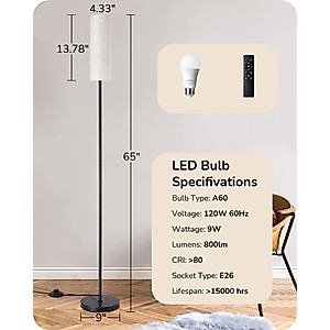 EDISHINE LED Corner Floor Lamp for Living Room, 65" Standing Tall Reading Lamp with Remote, Minimalist Dimmable Pole Lighting for Bedroom, Office, Kids Room, Bulb Included, 2700K-6000K (Black)