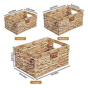 OUTBROS Water Hyacinth Storage Baskets, Hand-Woven Baskets Storage Box with Handles, Nesting Wicker Basket Sets, Waterproof Woven Storage Bins for Shelves, Rectangle, 3-Pack