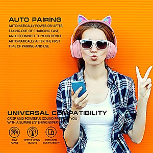 MIDOLA Gaming Bluetooth 5.0 Wireless Cat Ear Headphones Over Ear LED Light Foldable Music Headset with AUX 3.5mm (Built-in) Microphone for Adult & Kids Girl Boy Game Pad Laptop Cellphone Pink