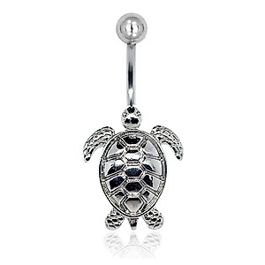 Pierce2GO Sea Turtle Belly Button Ring - 14G Surgical Steel turtle Belly Button Ring - Belly Button Rings Piercing for Women – 7/16”