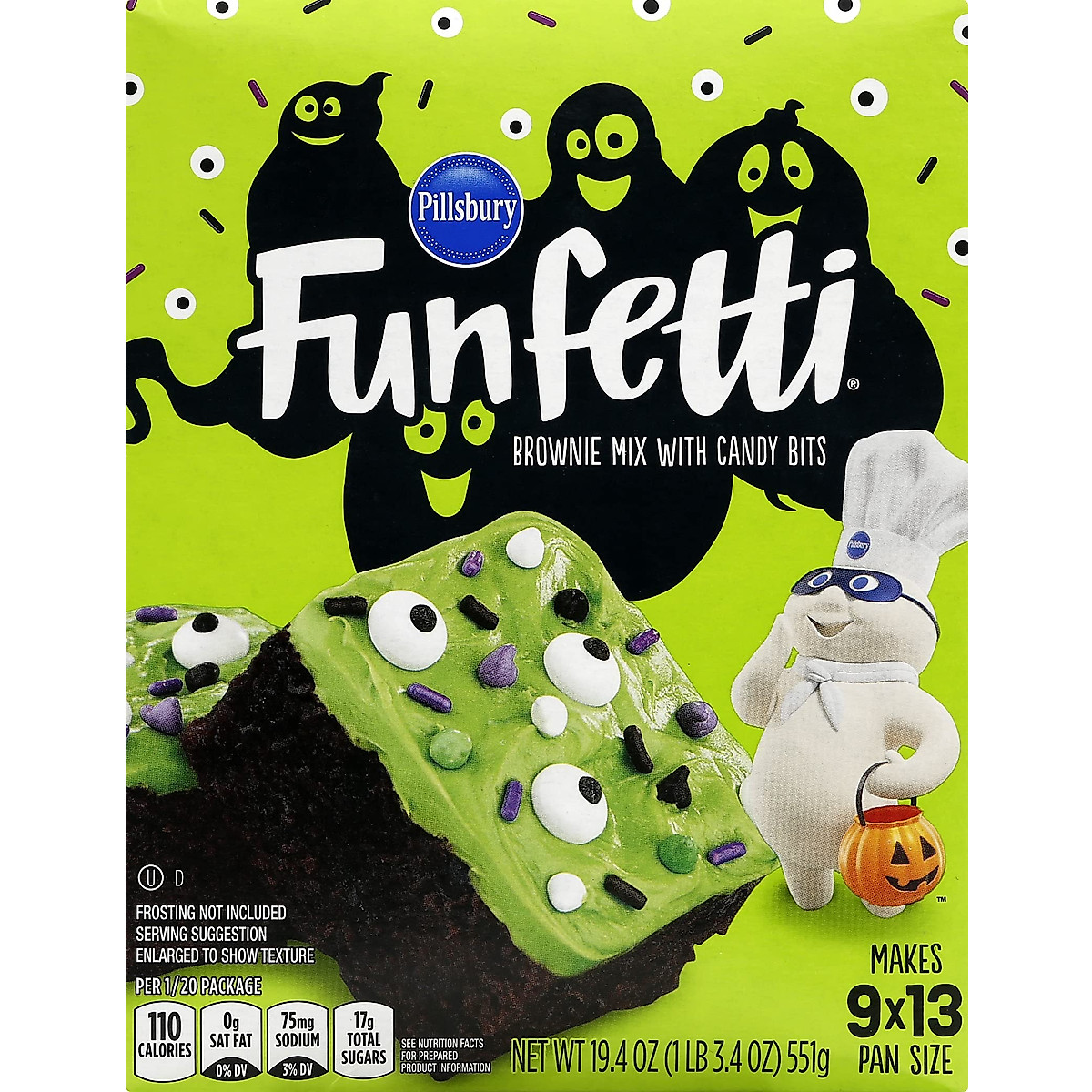 Pillsbury Funfetti Halloween Bundle, 1 of each Chocolate Slime Cake Mix, Slime Brownie Mix, Green Vanilla and Orange Vanilla Frosting with Sprinkles (Pack of 4) with By The Cup Spreader