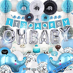 PGNART Baby Shower Decorations for Boy Table Decorations Blue Centerpiece Sticks Photo Props It's A BOY Banner OH Baby Balloon Mom to Be Sash Backdrop Lanterns Honeycomb Fan Poms White Grey Silver Kit