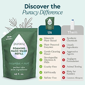 Puracy Foaming Hand Soap Refill - Plant-Powered Natural Hand Soap As Seen on TikTok, Non-Toxic, Sulfate-Free Liquid Soap, Moisturizing Foam Handwash Liquid (Cucumber & Mint, 48 fl oz)