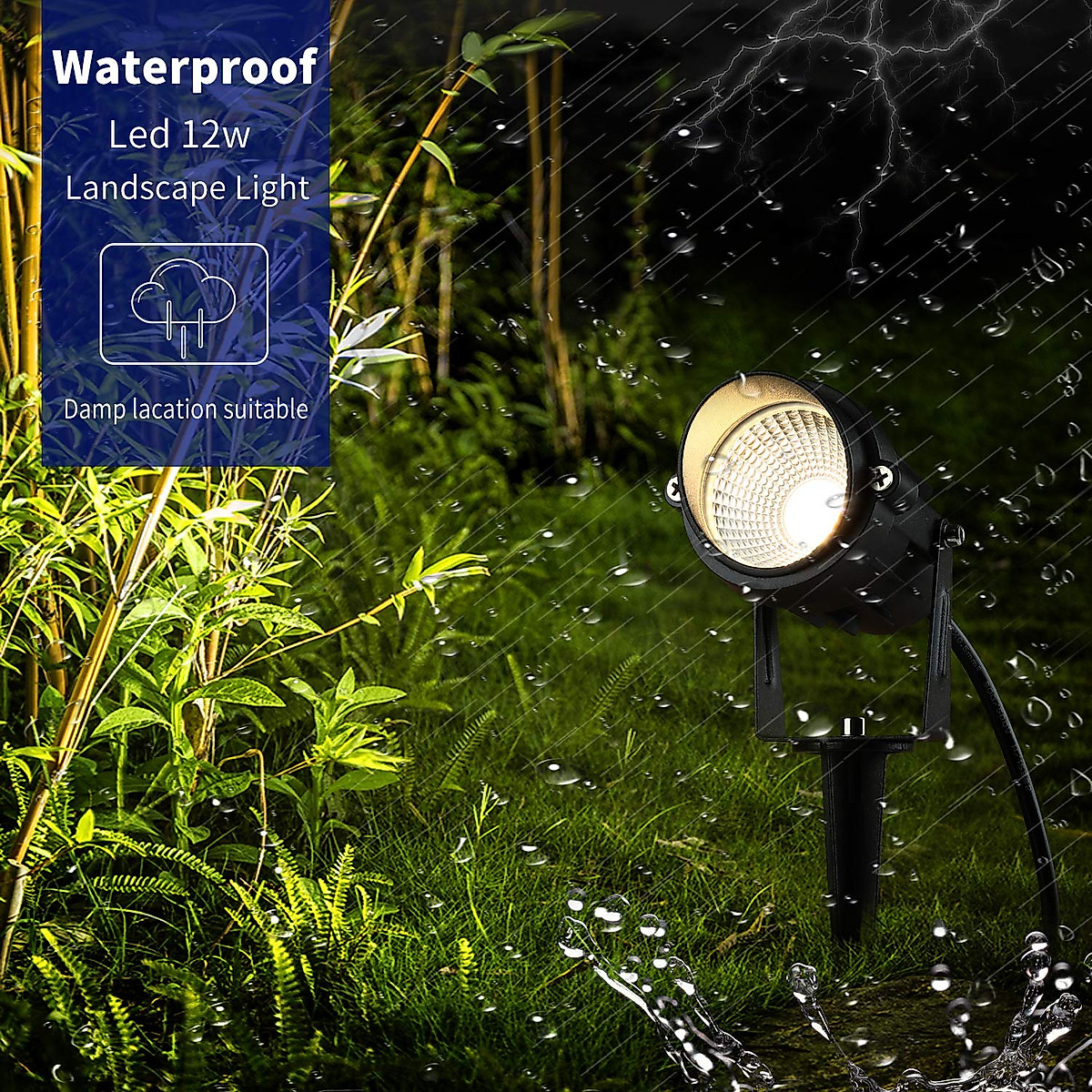 WIFZIG Outdoor Landscape Lighting 12W Waterproof Graden Lights COB Led Spotlights with Spiked Stand 120V for Lawn Decorative Lamp US 3- Plug 3000K Warm White (4Pack, 3000K)