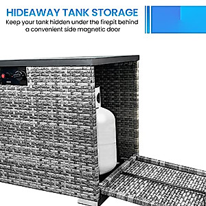 Modenzi Fire Pit Propane Gas Outdoor Rectangular Table Ceramic Tile Tabletop Handwoven PE Wicker with Auto Ignition, Lid, Weather Cover and Glass Beads (Grey)