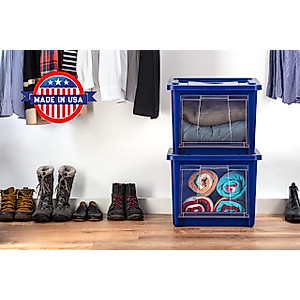 Rubbermaid Medium All-Access Tote with Lids, Pack of 2, Stackable Storage Bins with Clear Drop-Down Door and Carry Handles, Closet Organization Containers, Blazer Blue With Clear Door