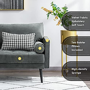 Vonanda Velvet Sofa Couch, Mid Century Modern Craftsmanship 73 inch 3-Seater Sofa with High-Density Sponge Comfy Soft Cushions and 2 Bolster Pillows for Compact Living Room, Grey