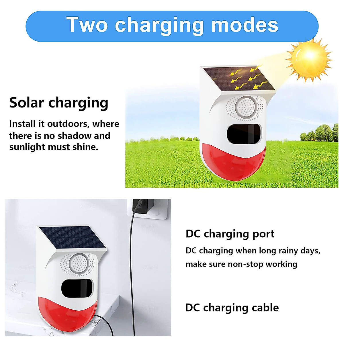 ChunHee Solar Motion Sensor Outdoor Alarm,Adjustable Sensitivity Motion Activated Alarm,129db Sound Security Siren Light IP67 Waterproof and 4 Mode for Home,Farm,Barn,Villa,Yard(2 Pack)
