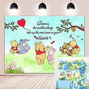 Cartoon Classic Bear Backdrop for Baby Shower Decorations Honey Heart Balloon Its Friends Background Girls Party Supplies Cake Table Banner Kids Photography Studio Props, 7x5FT(210x150cm)