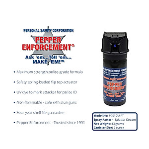 Pepper Enforcement PE510M-FT Splatter Stream Pepper Spray 2 Pack with Belt Loop Holster - Maximum Strength 10% OC Formula - Flip Top Canister - 4 Year Shelf Life