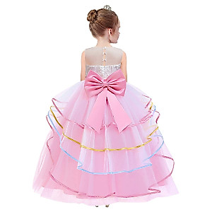 NEWEPIE Girls Unicorn Costume Bowknot Princess Birthday Tulle Lace Dress Christmas Party Carnival Halloween Outfit w/Headband Pink 8-9T