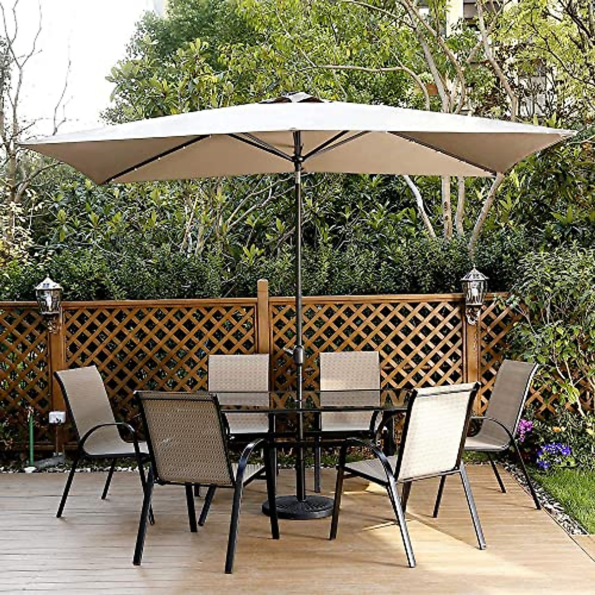 Aok Garden 6.5FT × 10FT Solar LED Lighted Patio Umbrella with Push Button Tilt and Sturdy Aluminum Ribs for Deck Lawn Pool & Backyard - Coffee