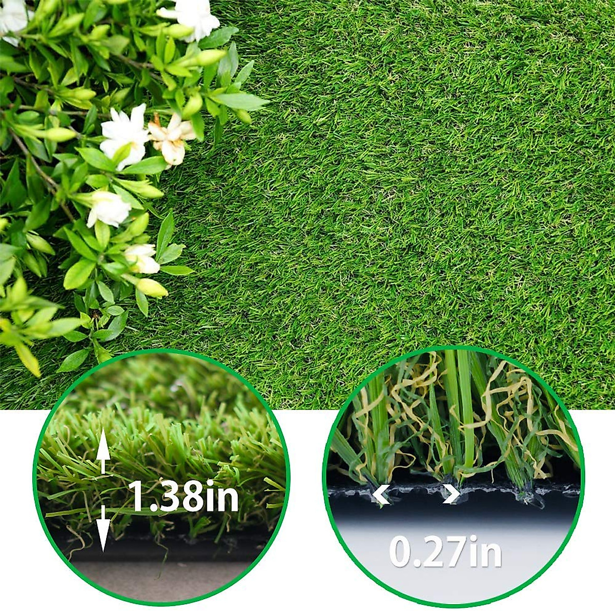 Premium Synthetic Artificial Grass Turf 1.38inch Pile Height 5FTX10FT, High Density Fake Faux Grass Turf, Natural and Realistic Looking Garden Pet Dog Lawn