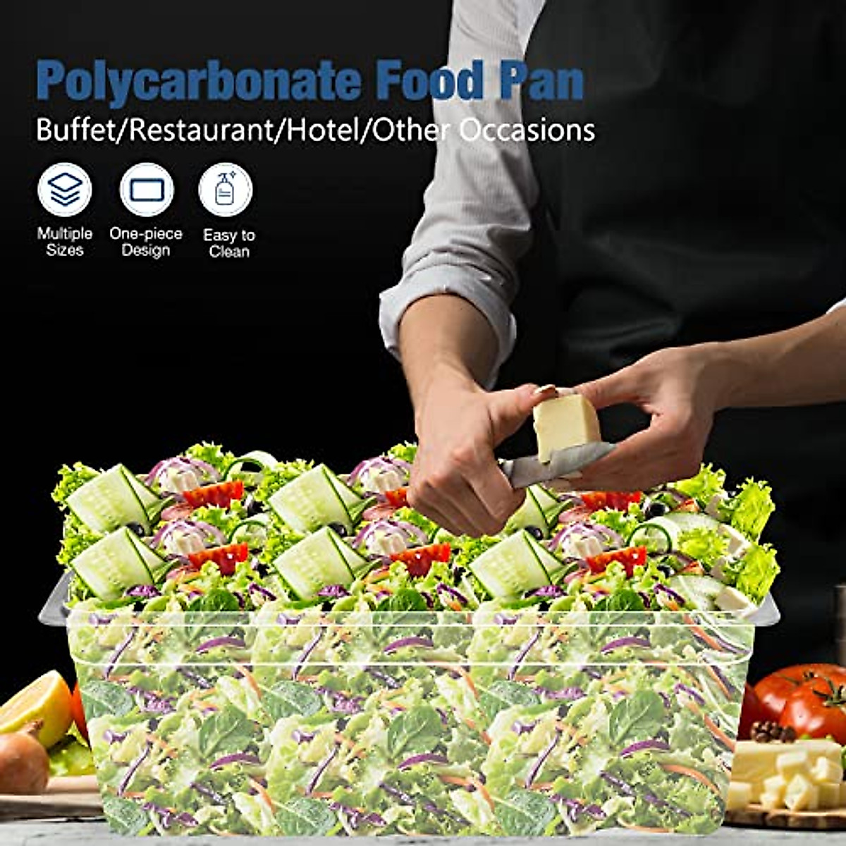 Restlrious Food Pan Full Size Plastic 8" Deep Chafer Food Pan Polycarbonate, Clear 3 Pieces Stackable Food Pan with Capacity Indicator for Food Storage in Kitchen, Restaurant, Foodservice Area