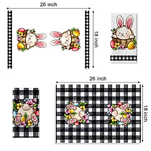 Seliem Easter Bunny Rabbit Kitchen Dish Towel Set of 2, Cute Eggs Flowers Hand Towel Black White Buffalo Plaid Check Drying Baking Cooking Cloth, Funny Spring Holiday Kitchen Decor 18x26 Inches