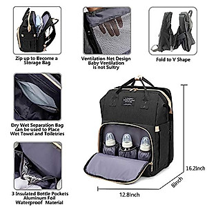 Lamroro Diaper Bag Backpack, Baby Nappy Changing Bags Multifunctional Travel Backpack, Large Capacity, Waterproof, Sunshade, Built-in USB Charging Port Stylish Black