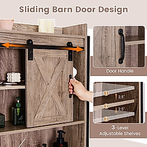 Giantex Over The Toilet Storage Cabinet - Freestanding Bathroom Organizer Rack with Adjustable Shelf, Sliding Barn Door, Paper Holder, Bathroom Space Saver, Above Toilet Storage Cabinet (Grey)