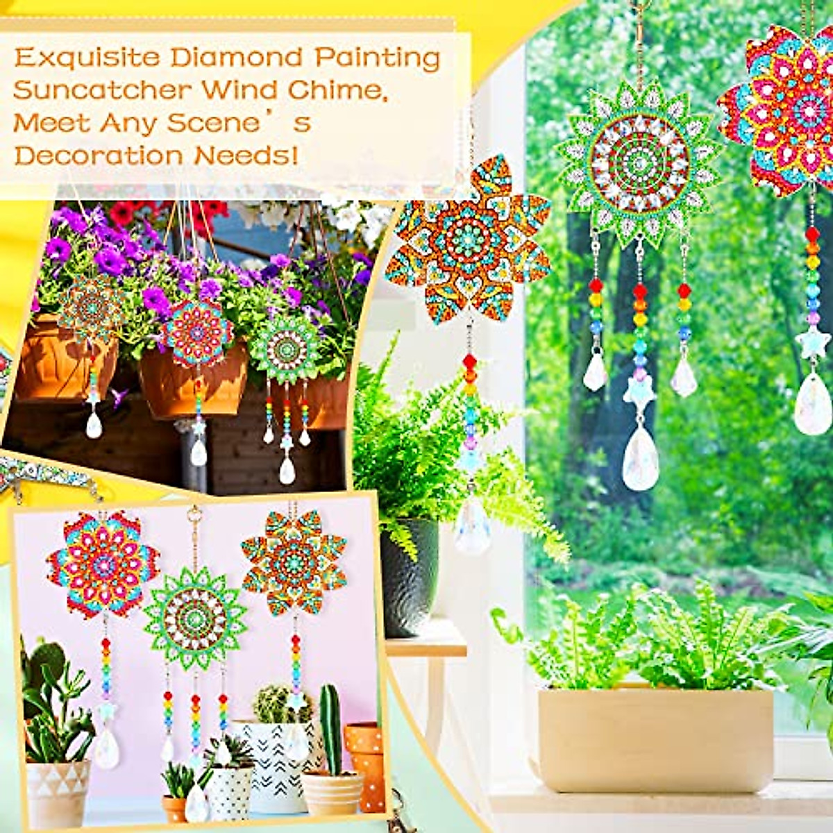 Macarrie 3 Pack Rhinestone Painting Suncatcher Wind Chime Double Sided Crystal Rhinestone Painting Hanging Ornament Flower Shape Suncatcher Kit for Adults DIY Window Home Garden(Stylish Style)
