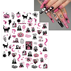 JMEOWIO 9 Sheets Pink Halloween Nail Art Stickers Decals Self-Adhesive Pegatinas Uñas Skull Cute Horror Ghost Witchy Spider Web Bat Pumpkin Nail Supplies Nail Art Design Decoration Accessories