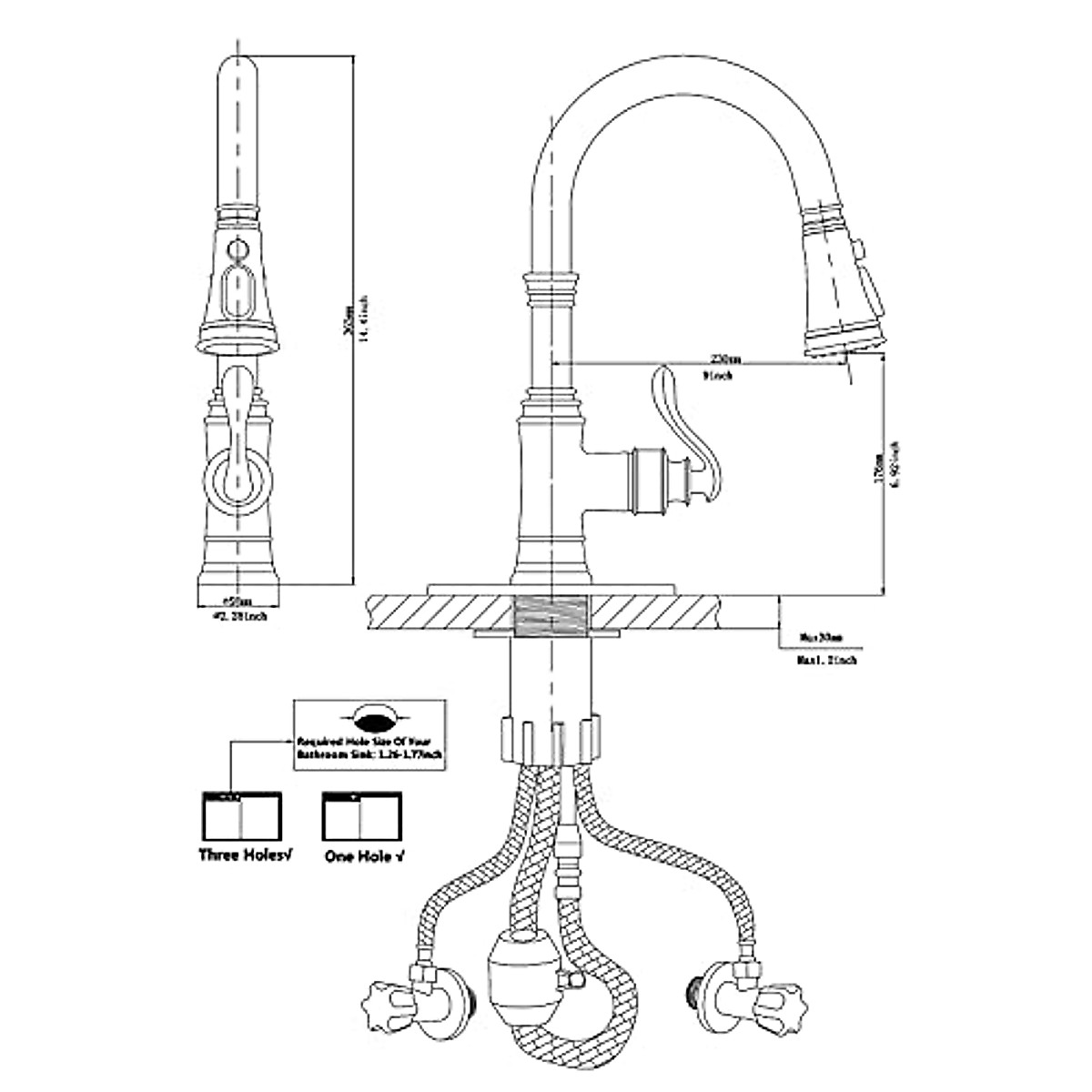 BATHFINESSE Kitchen Faucet, Oil Rubbed Bronze Finish, 360 Degree Swivel, 20-Inch Retractable Hose, Easy to Install, 3-Hole Mount