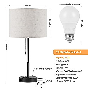 JS NOVA JUNS Table Lamps, Bedside Lamp Set of 2 with Dual USB Ports and 3-Prong AC Outlet, Modern End Table Nightstand Light Perfect for Bedroom, Living Room, Study Room, LED Bulbs Included