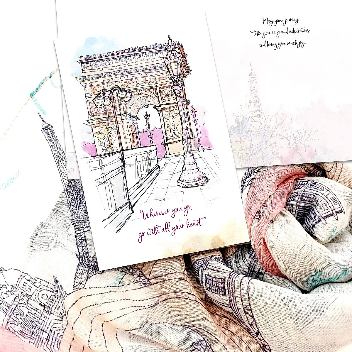Smiling Wisdom - Wherever You Go, Go With All Your Heart Greeting Card & Paris Scarf Gift Set - Beginnings Goodbye Retirement Journey - Women Grey Peach White (Paris)