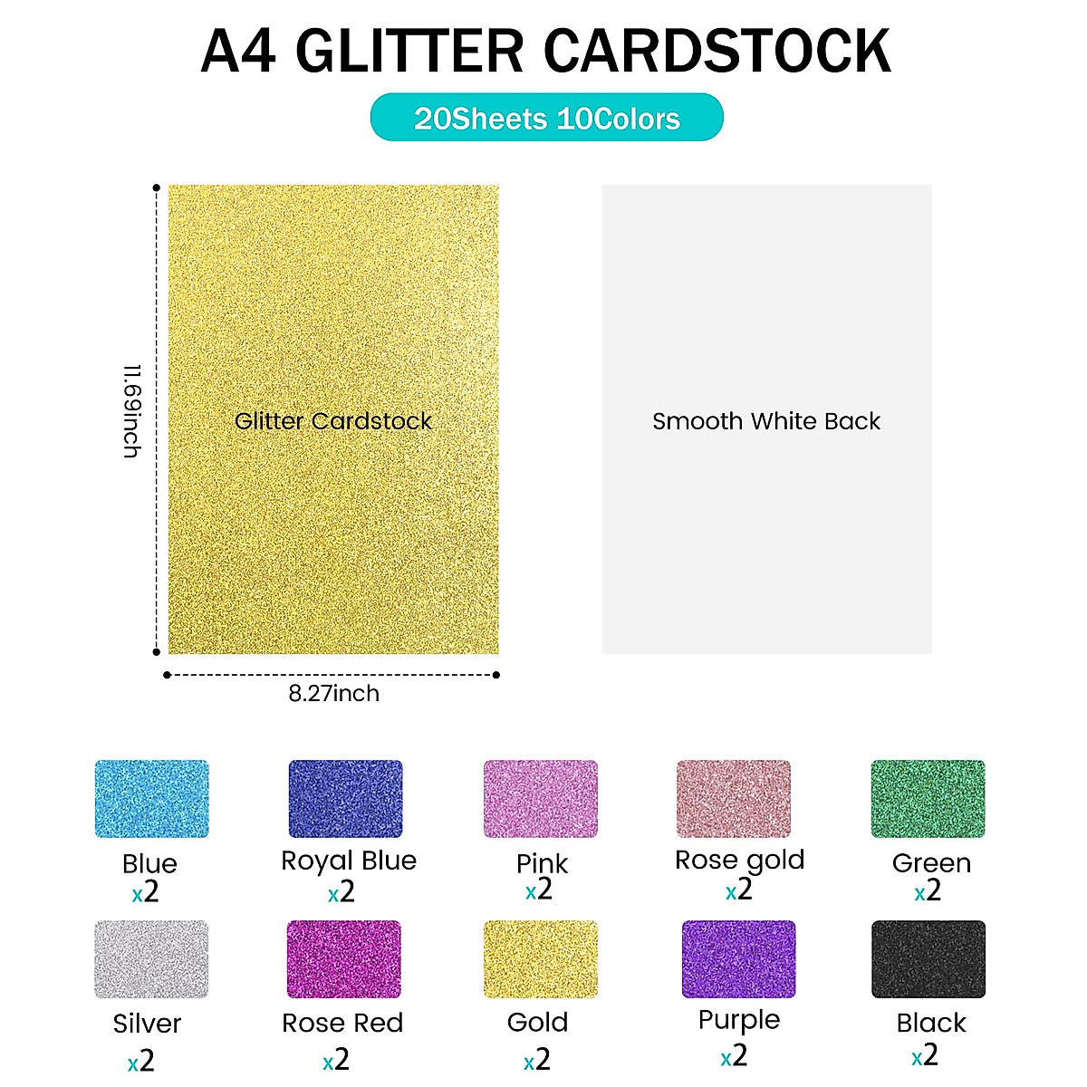 HTVRONT Glitter Cardstock Paper - 20 Sheets 10 Colors CardStock, A4 Colored Cardstock Glitter Paper for Craft, Birthday, Scrapbook, Wedding, Sparkly Paper, Card Making (Glitter/20 Sheets)