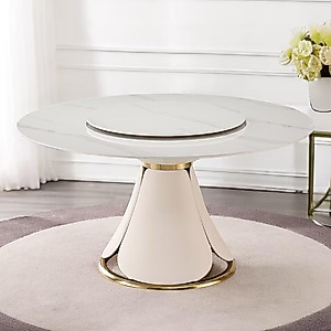 Runboll 59" Sintered Stone Round Dining Table with Detachable Lazy Susan Modern Dinner Table with 31.5" Round Turntable, PU Leather and Metal Pedestal(Not Included Chairs)