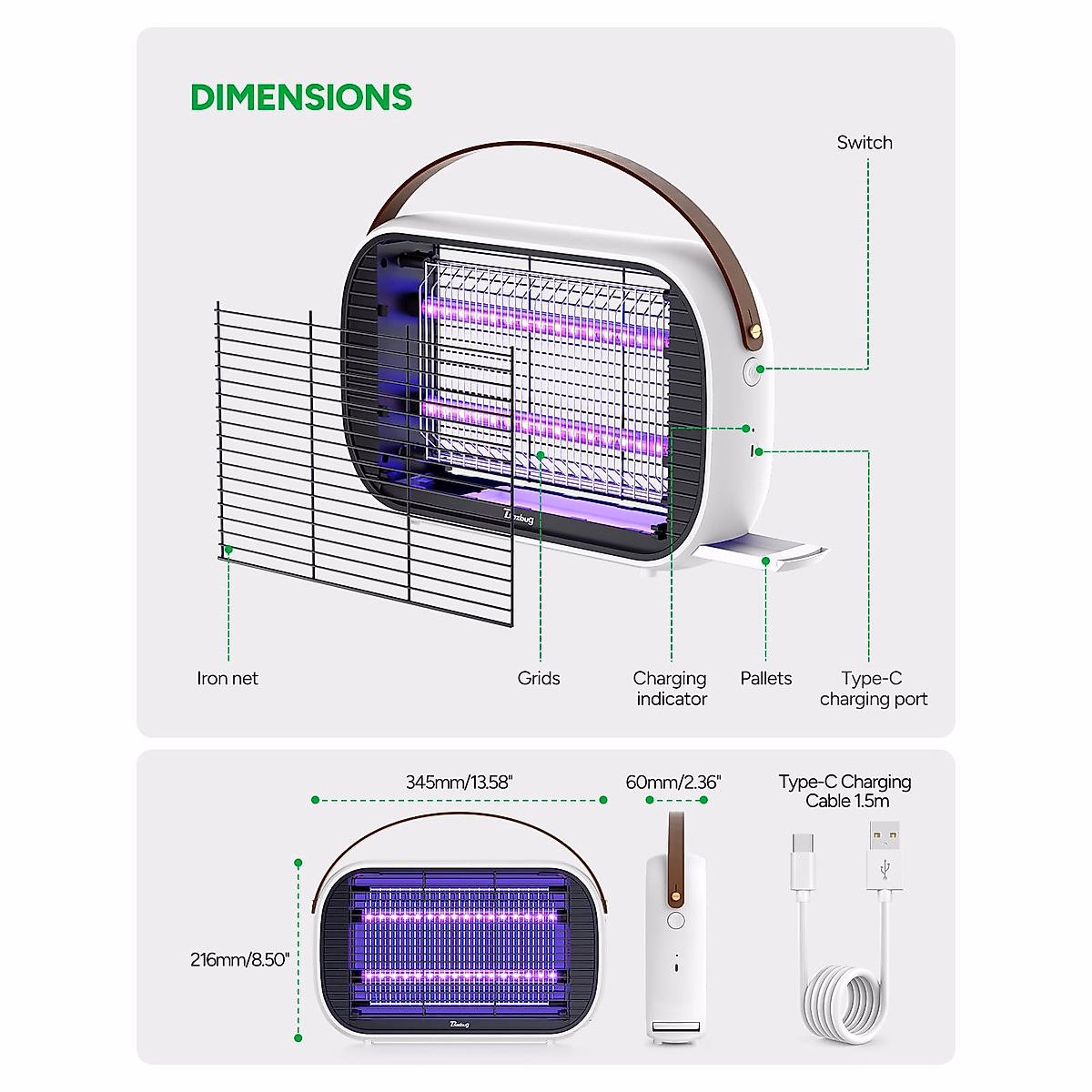 Buzbug LED Bug Zapper Outdoor Indoor, Rechargeable 5200mAh Battery, Durable 10 Years Lifespan Lamp, Portable Camping Mosquito Zapper, Fly Trap Mosquito Trap, Fly Killer Fly Zapper -MA015C