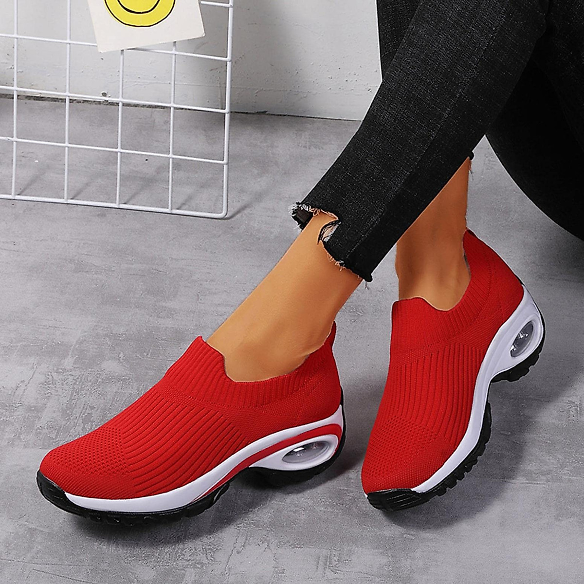 Hbeylia Fashion Platform Wedge Walking Shoes for Women Ladies Slip On Mesh Air Cushion Breathable Blade Non Slip High Heels Fitness Running Sport Sneakers Fall Dress Shoes for Jogging Work Nurse Red