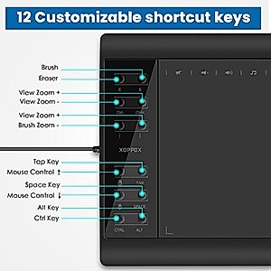 XOPPOX Graphics Drawing Tablet 10 x 6 Inch Large Active Area with 8192 Levels Battery-Free Pen and 12 Hot Keys, Compatible with PC/Mac/Android OS for Painting, Design & Online Teaching
