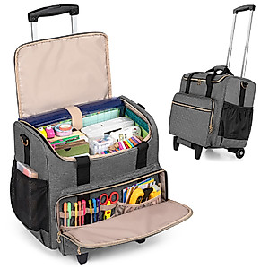 LUXJA Rolling Craft Bag with Pockets for 12 x 12 inch Scrapbook Album and Laptop, Rolling Scrapbook Tote with Detachable Dolly (Patent Pending), Gray