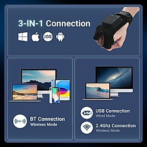 Tera Wearable Glove Barcode Scanner: 2 in 1 Dual Use Detachable Design, Finger Wireless 1D 2D QR Bar Code Reader, 3 in 1 Works with Bluetooth 2.4G Wireless USB Wired, Handheld Bar Code Reader HW0013