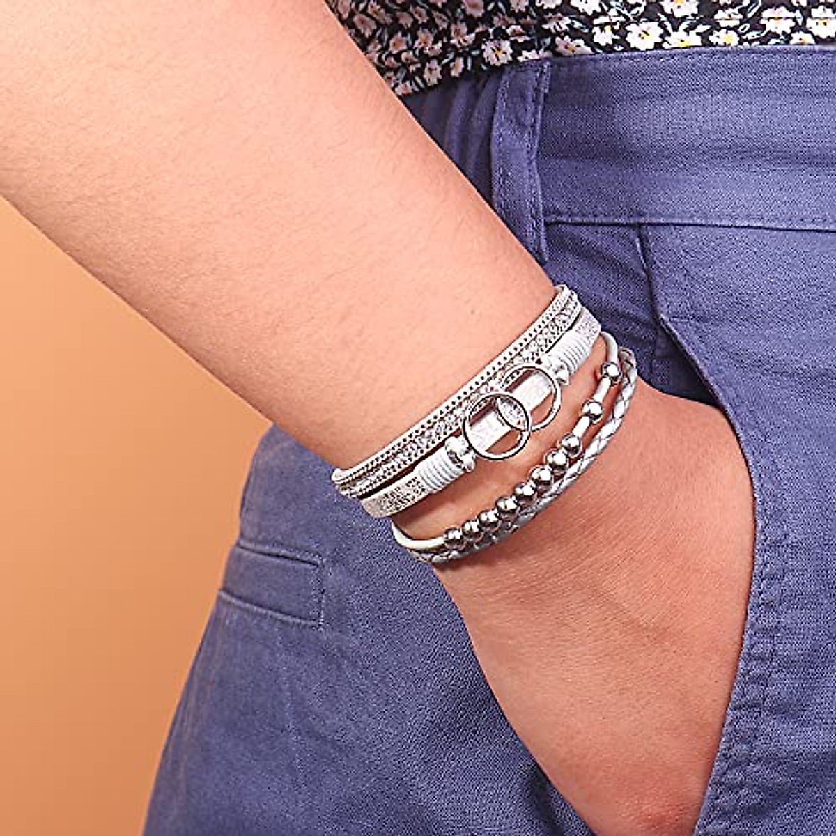 FANCY SHINY Boho Wrap Bracelets Leather Cuff Bangle Gold Beaded Bracelets for Women Stackable Infinity Bracelets Jewelry with Clasp(Silver)