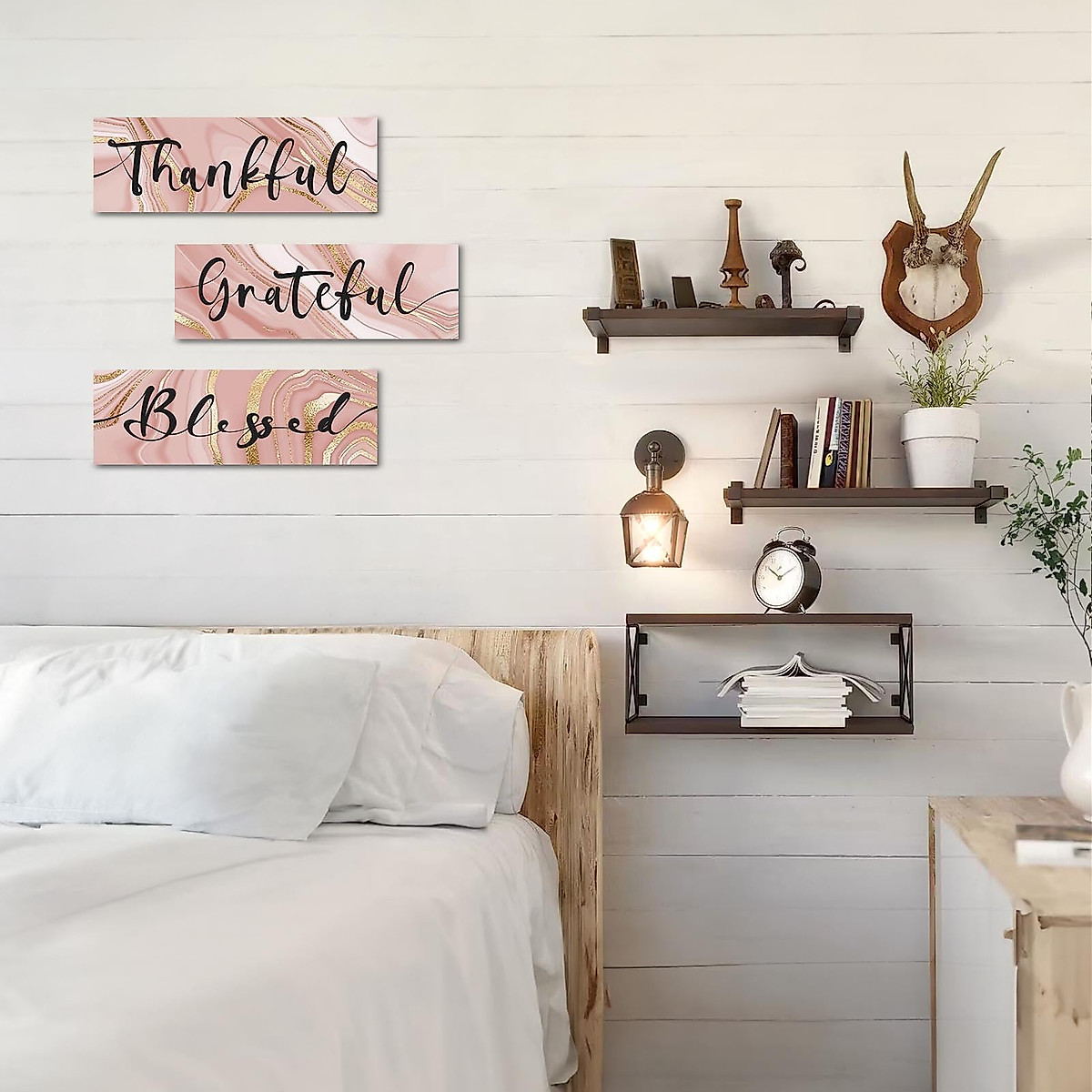3 Pieces Funny Rustic Wooden Art Wall Hangings Set, Thankful Grateful Blessed, Pink Gold Marble Style Wood Signs 12 X 4 Inches for Home, Living Room, Bedroom, Office, Cafe, Hotel Wall Decor