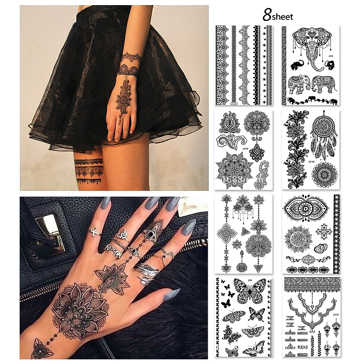 8 Sheets Temporary Tattoo Stickers Lace Sexy Body Waterproof Tattoo stickers Women Wedding Party