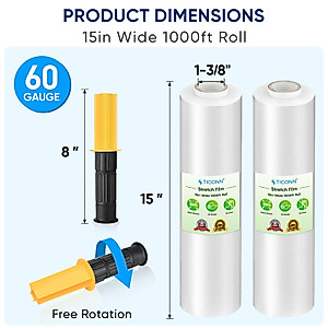 TICONN 2PK Stretch Wrap Stretch Film Roll, 1000ft 60 Gauge Industrial Strength 15 inch Wide Clear Plastic Wrap with Handles for Pallet Wrapping Shipping and Surface Protection (1000ft, 2pk)