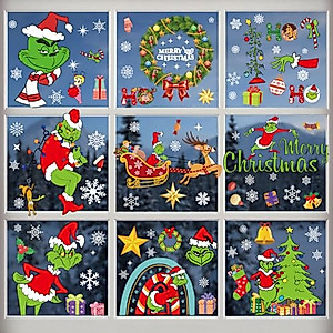 FAMYGFT Grinch Window Clings,Double Sided Elf Snowflake Merry Christmas Window Cling Glass Window Holiday Xmas Winter Window Sticker Decal Christmas Decor Glass Door Car Mirror Home Office Classroom