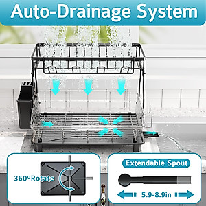 Ricobes Dish Drying Rack - 2 Tier Large Capacity Dish Rack- Dish Racks for Kitchen Counter with Drainboard, Rustproof Dish Drainer with Removable Utensil Holder,Cutting Board Holder,Cup Holder, Black