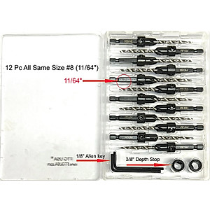 FTG USA Countersink Drill Bit Set for Wood with Tapered Drill Bit 12 Pc #8 (11/64")