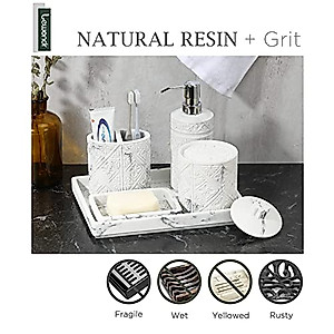 Lewondr Bathroom Accessories Set, 5-Piece Resin+Grit Embossed Bath Countertop Set with Vanity Tray, Soap Dish, Soap & Lotion Dispenser, Cotton Jar, Divided Toothbrush Holder - White