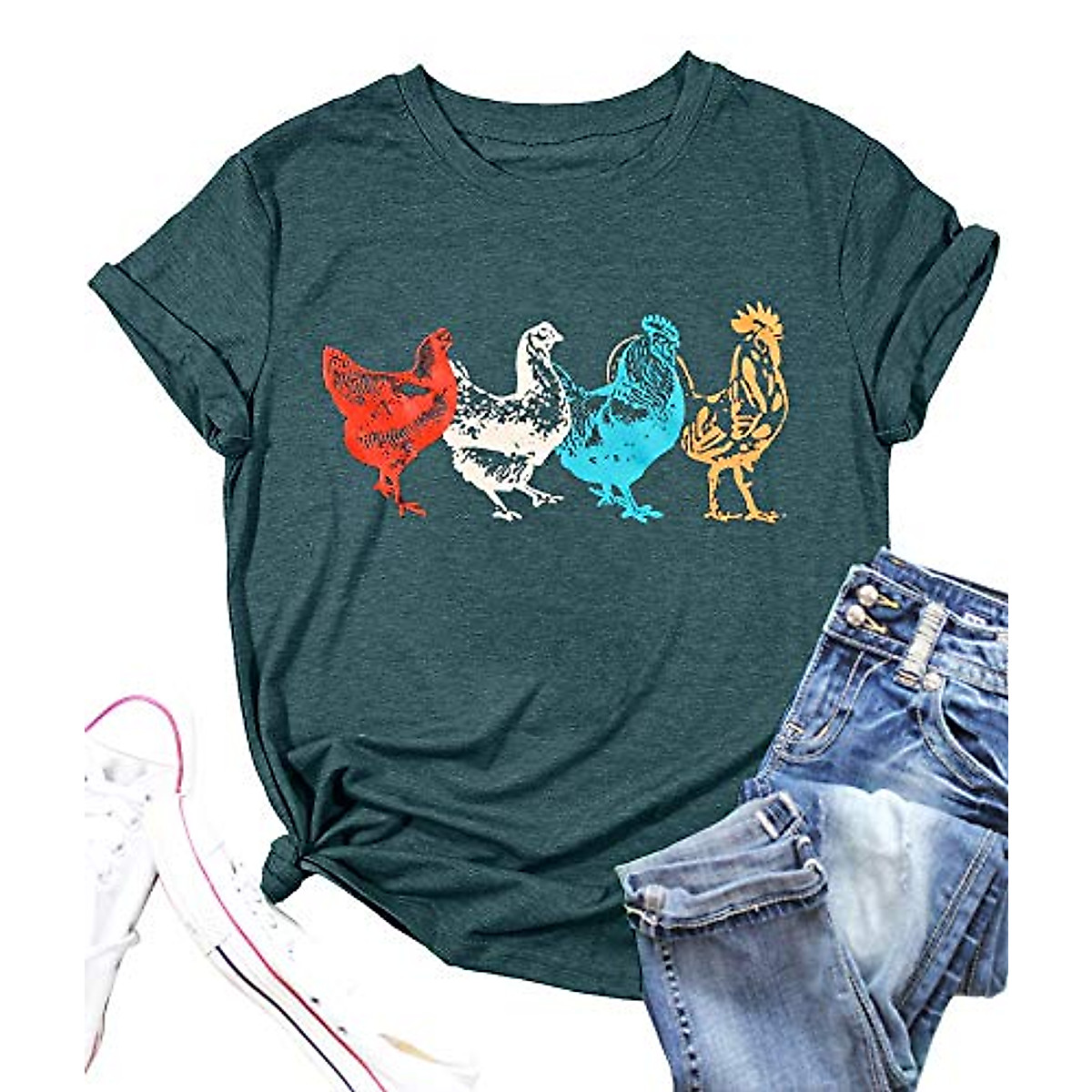 Chicken Shirt for Women Farm Tees Farm Girl T Shirt Funny Chicken Graphic T-Shirt Casual Short Sleeve Tops Green