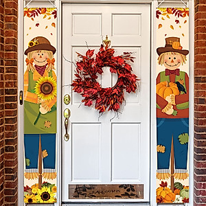 2 Pcs Thanksgiving Porch Sign Banner Fall Harvest Banner Autumn Scarecrow Maple Leaves Pumpkin Hanging Door Sign for Indoor Outdoor Home Party Decorations, 12 x 71 Inch