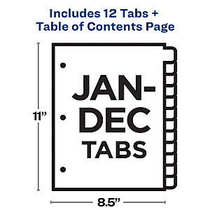 Avery Jan-Dec 12 Tab Dividers for 3 Ring Binders, Customizable Table of Contents, Multicolor Tabs, 3 Sets (44128)
