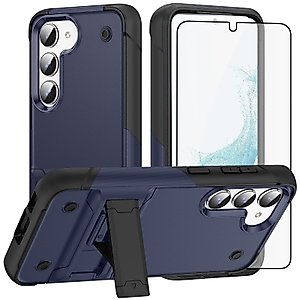 Asuwish Phone Case for Samsung Galaxy S23 5G with Tempered Glass Screen Protector Cover and Slim Stand Military Grade Hybrid Cell Accessories S 23 23S GS23 G5 SM-S911U 6.1 inch Women Men Blue
