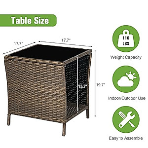 J-SUN-7 Patio Brown Wicker Side Table Outdoor Square Tempered Glass Top End Table with Storage for Patio Courtyard Balcony